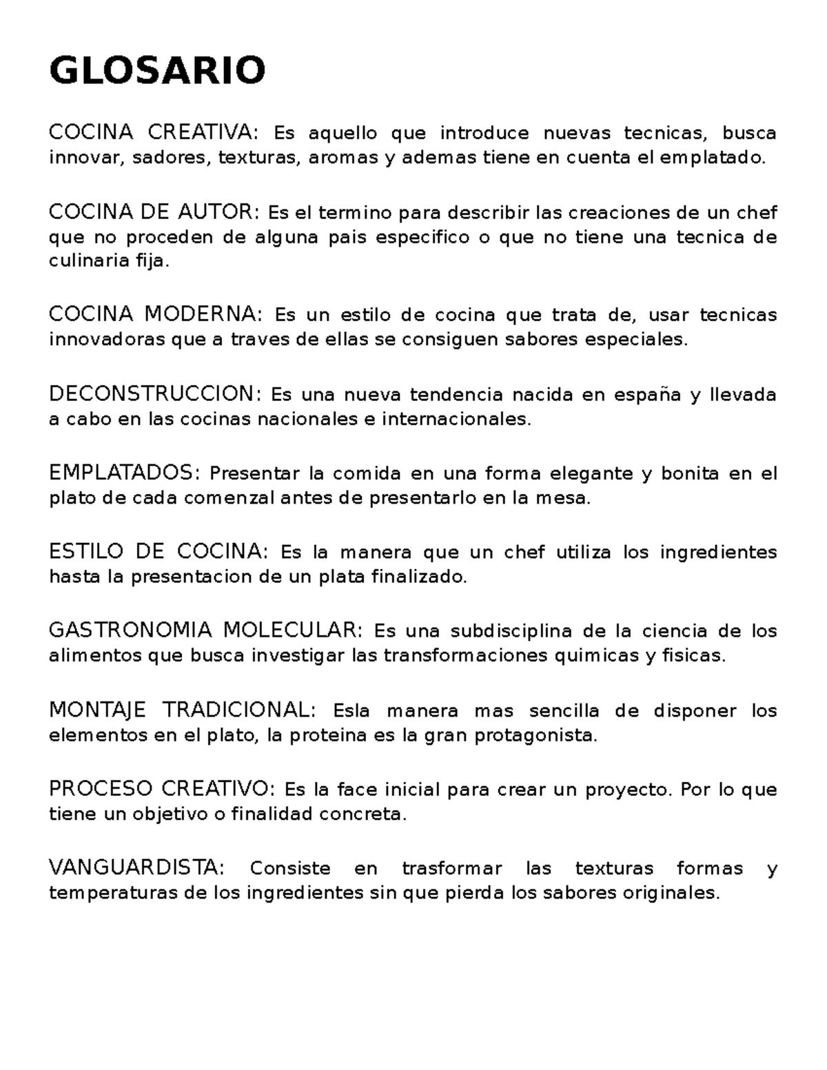 Glosario DE Cocina - hola - GLOSARIO COCINA CREATIVA: Es aquello que introduce nuevas tecnicas ...