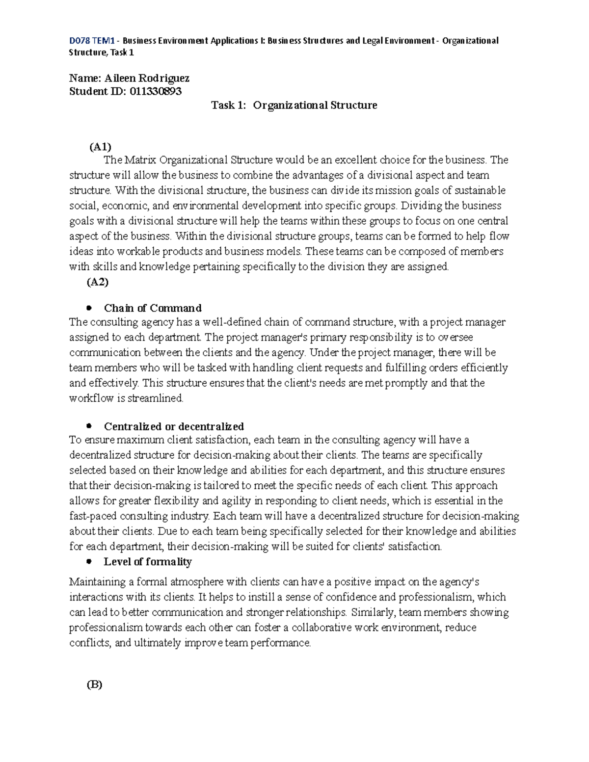 D078 - Task 1 - D078 TEM1 - Business Environment Applications I ...