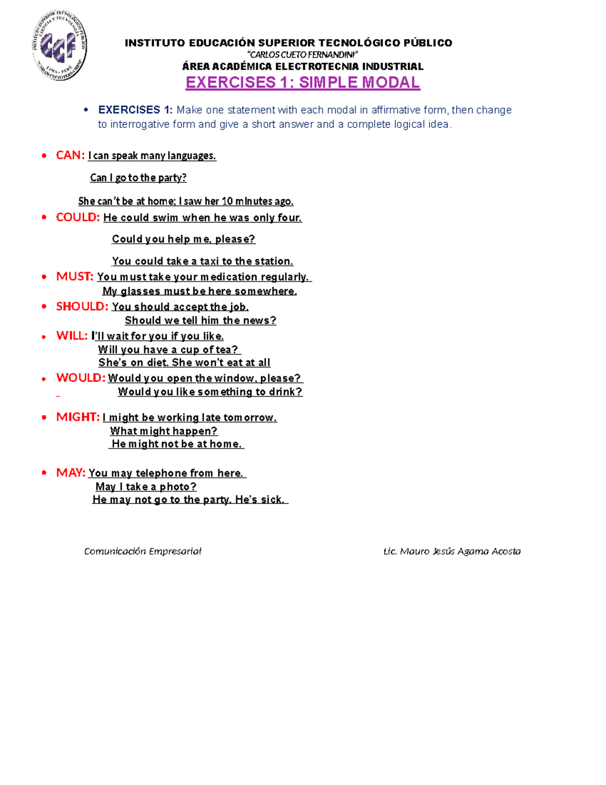 3A. Exercises 1 - ejercicios - INSTITUTO EDUCACIÓN SUPERIOR TECNOLÓGICO ...