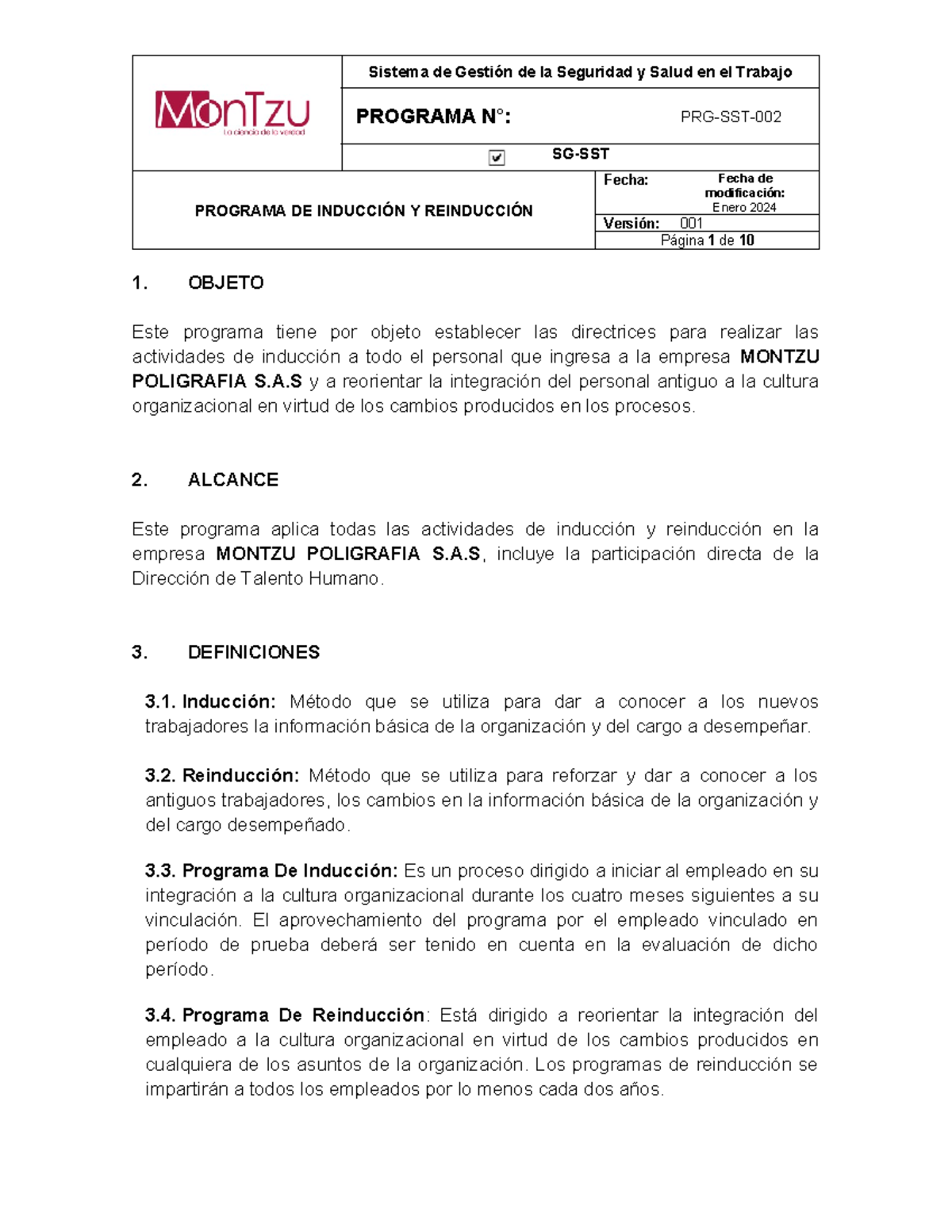 PRG-SST-002 Programa de Inducción y Reinducción - PROGRAMA N°: PRG-SST- SG-SST PROGRAMA DE ...