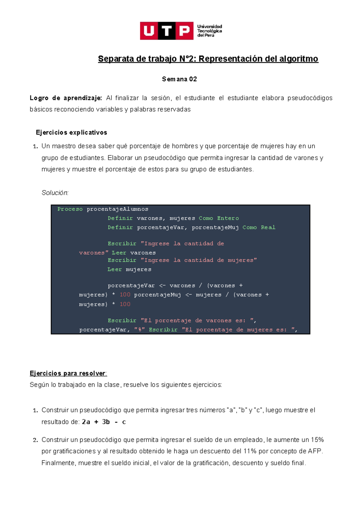 S02.s1 Representación del algoritmo - Separata de trabajo N°2: Representación del algoritmo ...