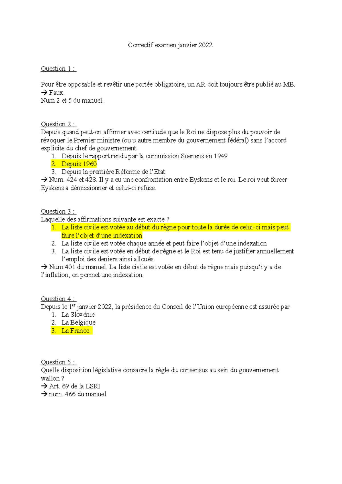 Correctif examen janvier 2022 - Faux. Num 2 et 5 du manuel. Question 2 ...