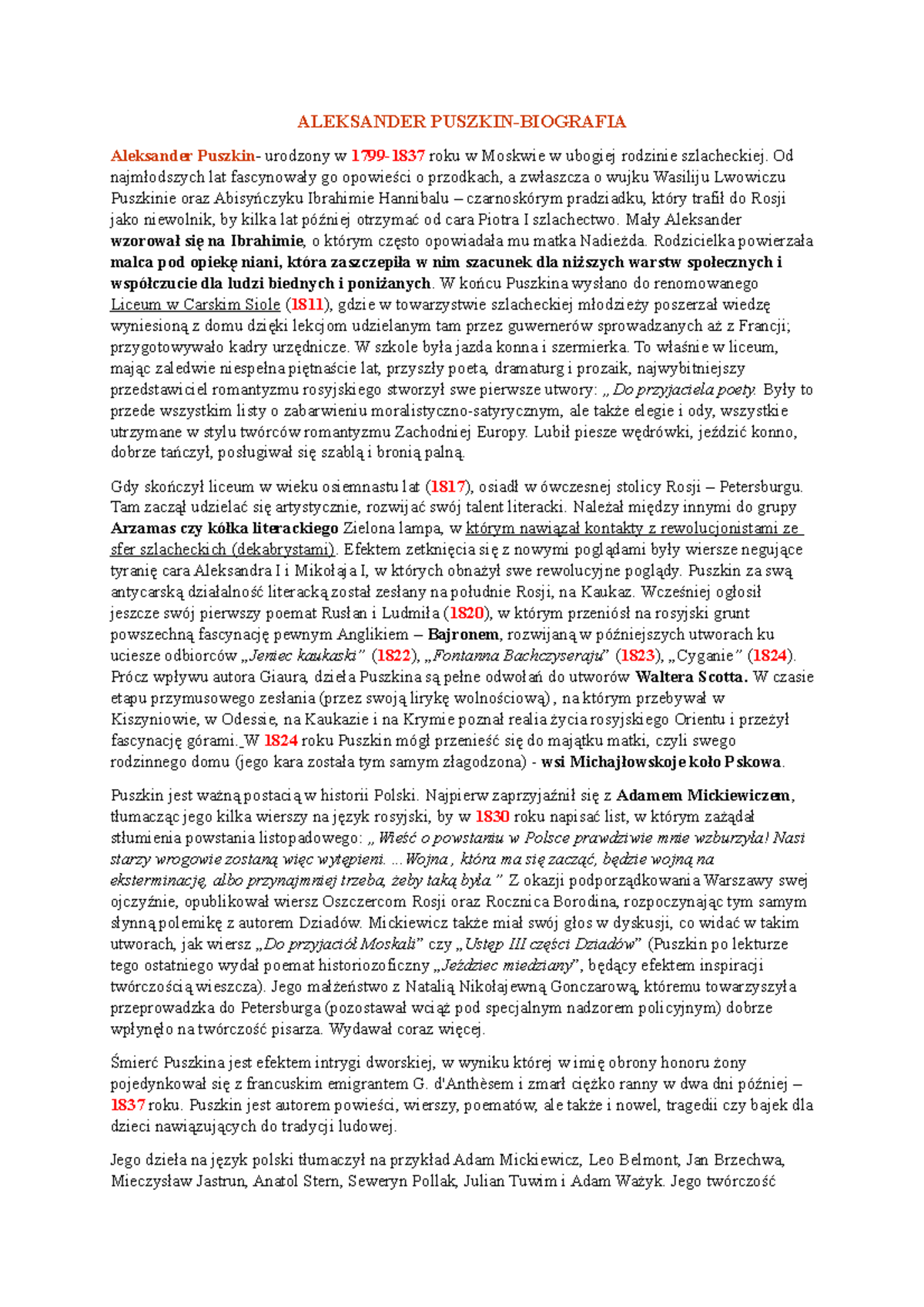 Aleksander Puszkin- biografia - ALEKSANDER PUSZKIN-BIOGRAFIA Aleksander ...