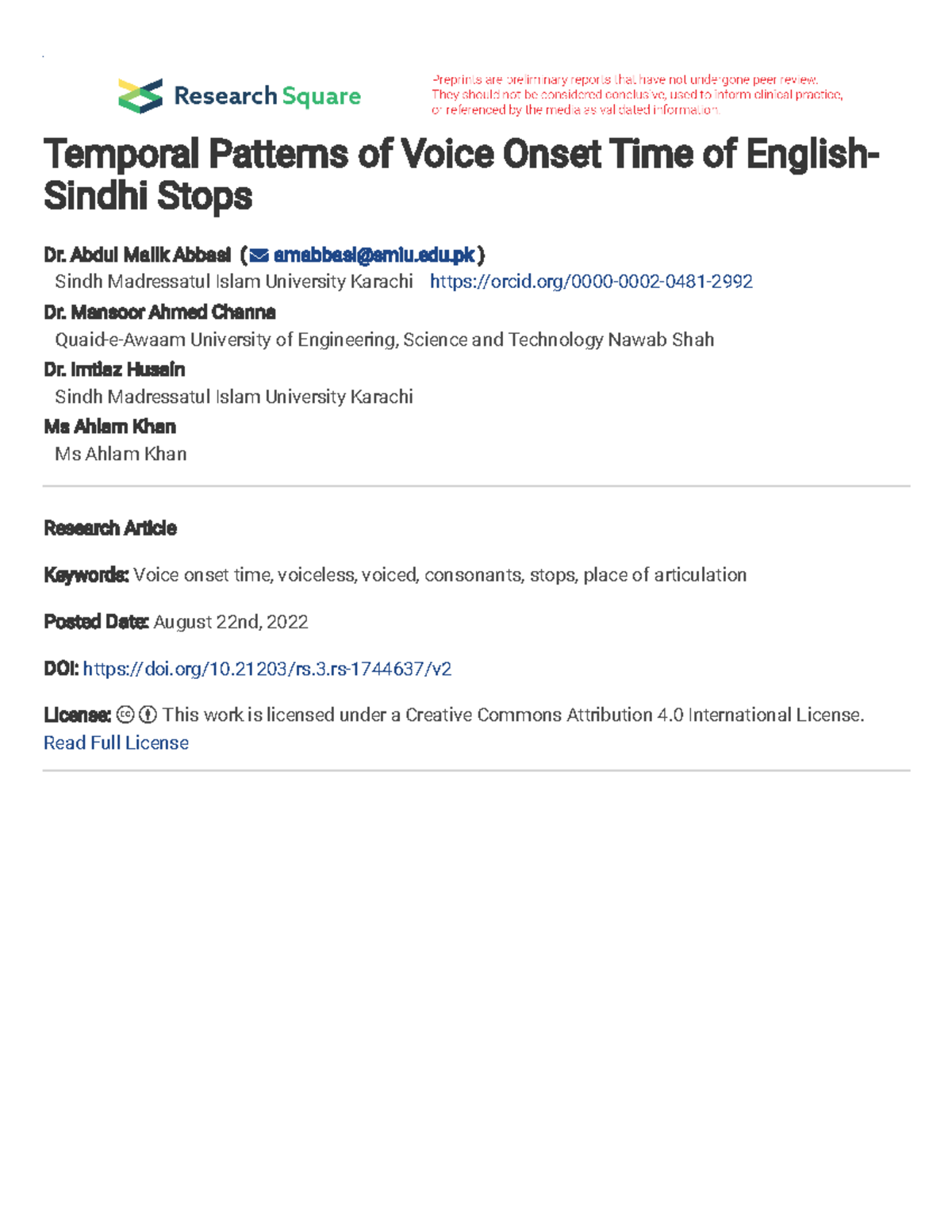 Temporal Patterns of Voice Onset Time of English-S - Abdul Malik Abbasi ...