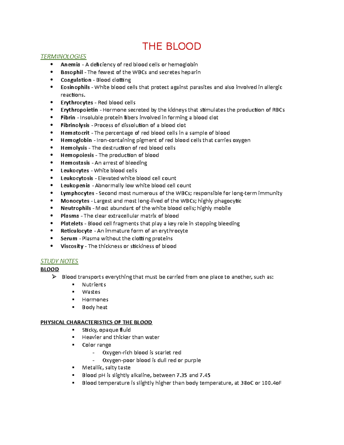 Blood - anaphy - THE BLOOD TERMINOLOGIES Anemia - A deficiency of red ...