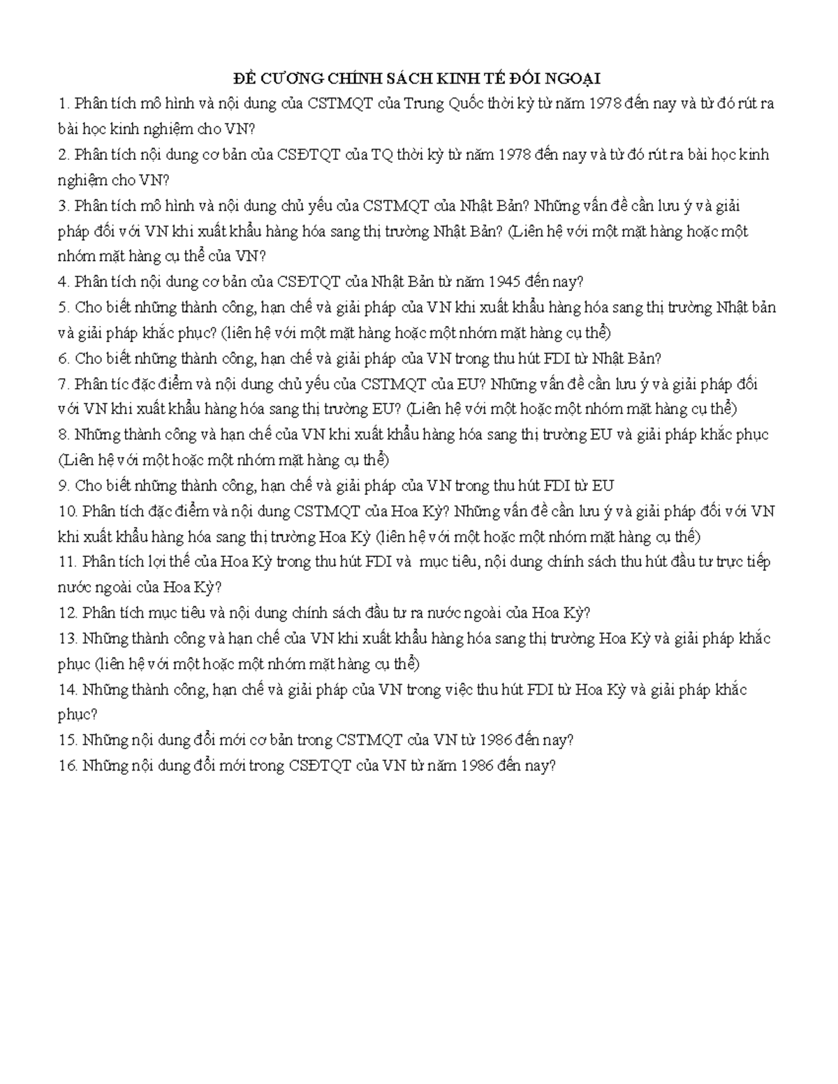 De cuong chinh sach kinh te doi ngoai 2 va dap an 16 cau 1 - ĐỀ CƯƠNG CHÍNH SÁCH KINH TẾ ĐỐI ...
