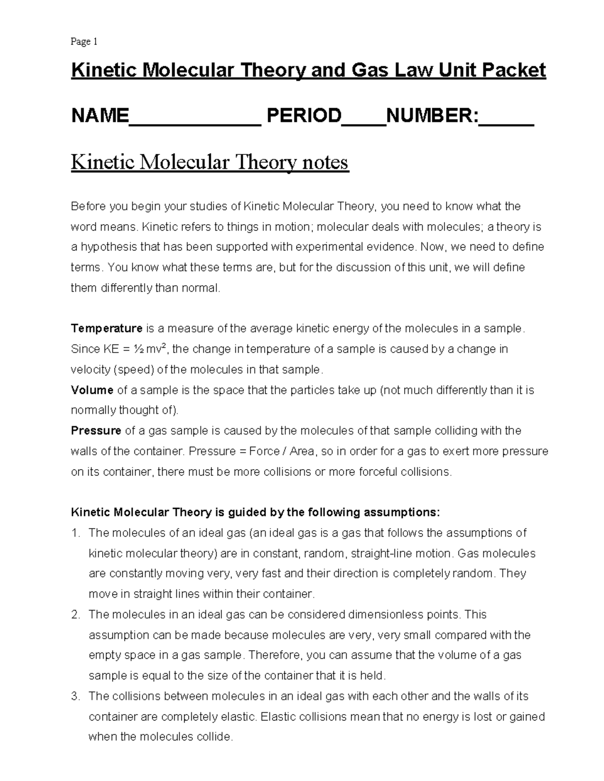 Gases Packet - A gasset assignment answers - Kinetic Molecular Theory ...
