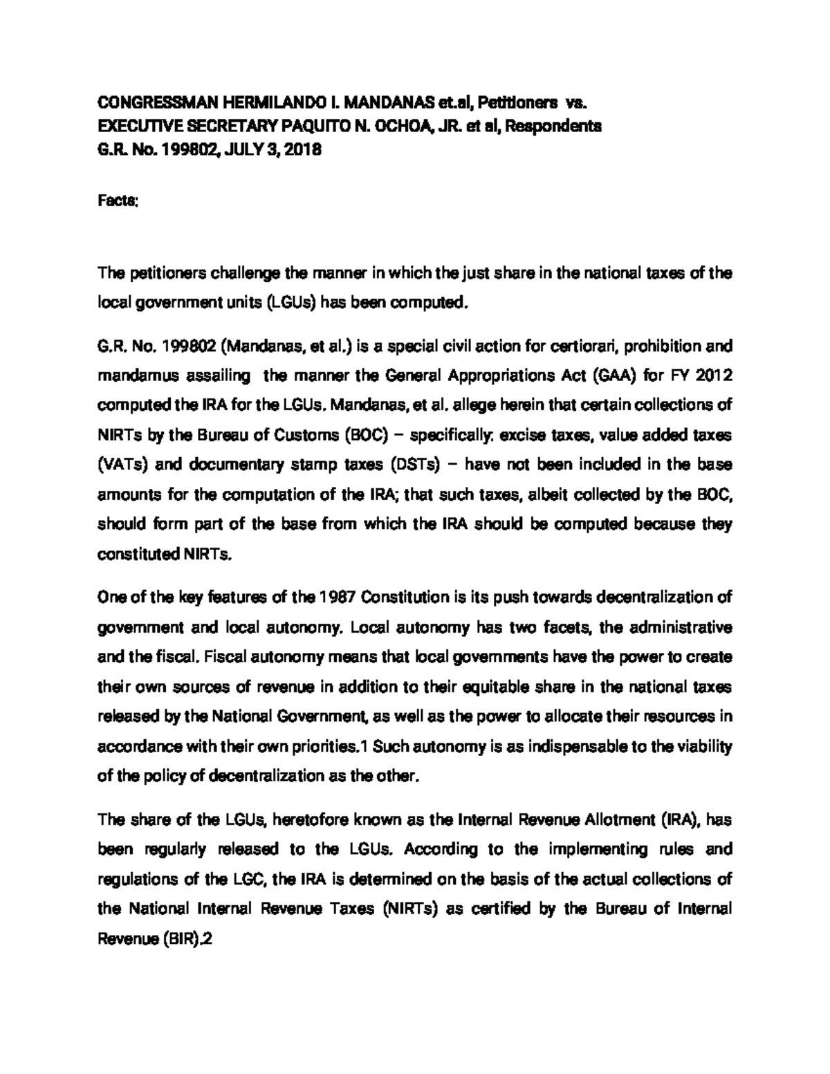 CASE Digest LLG - CONGRESSMAN HERMILANDO I. MANDANAS et, Petitioners vs ...