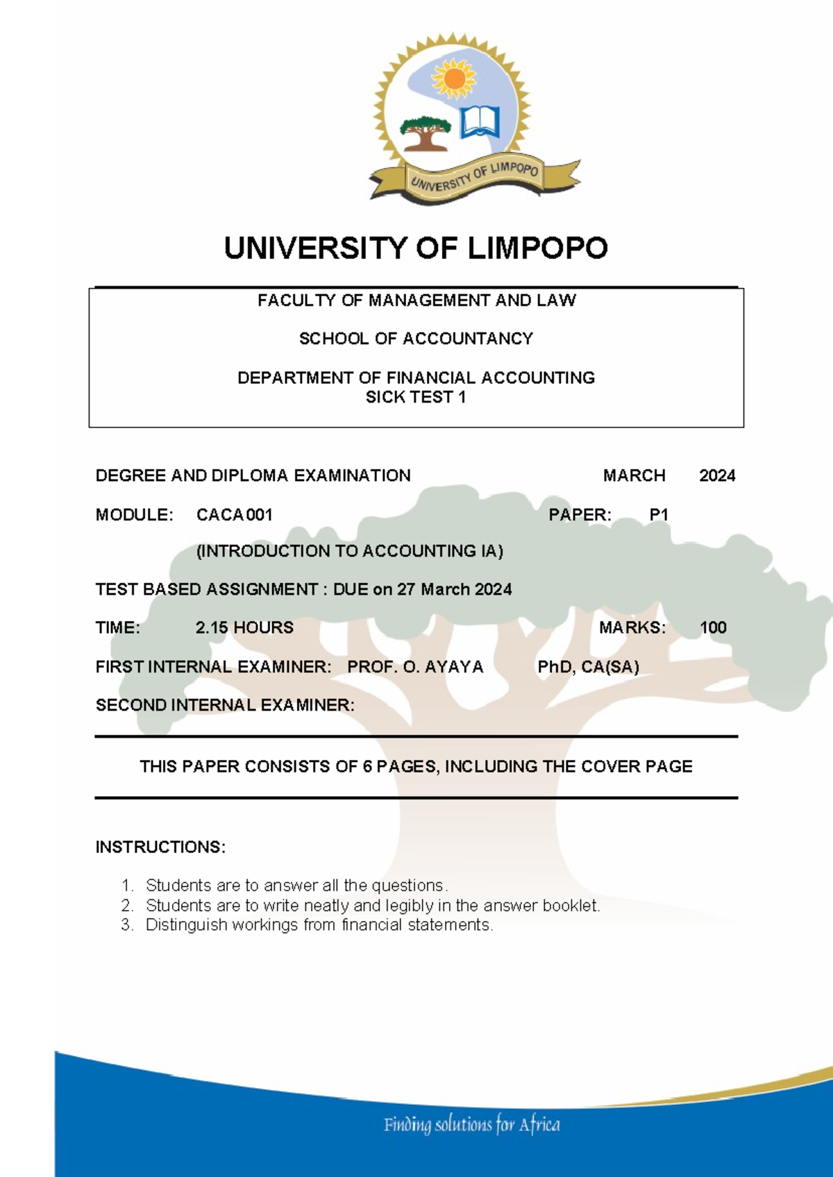 2024- Final CACA001 TEST- Bases Assignment Question Paper TEST 1-SICK ...