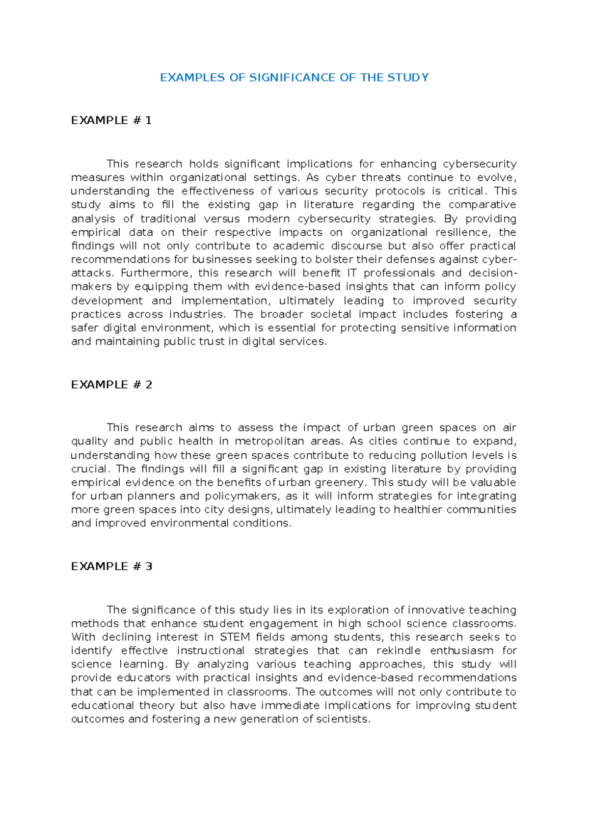 Examples OF Significance OF THE Study - EXAMPLES OF SIGNIFICANCE OF THE ...