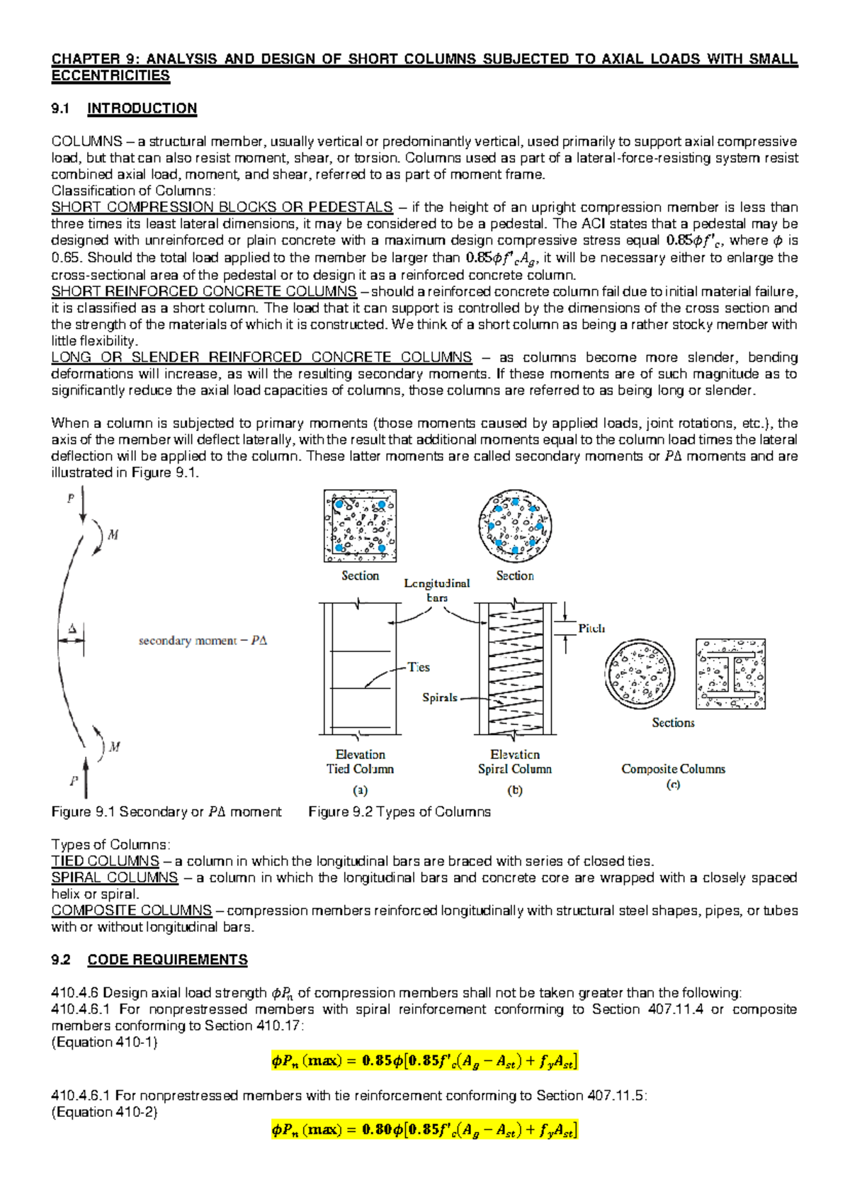 Lecture 9 - Introduction TO Columns - CHAPTER 9: ANALYSIS AND DESIGN OF SHORT COLUMNS SUBJECTED ...