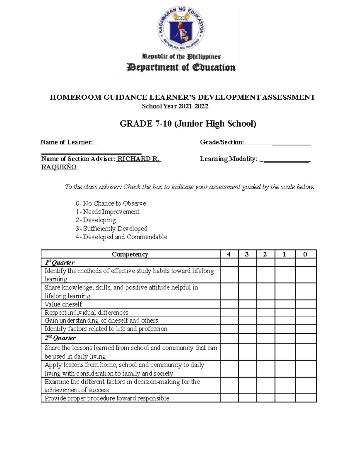 Homeroom Guidance Learner’S Development Assessment (Junior h IGH School ...