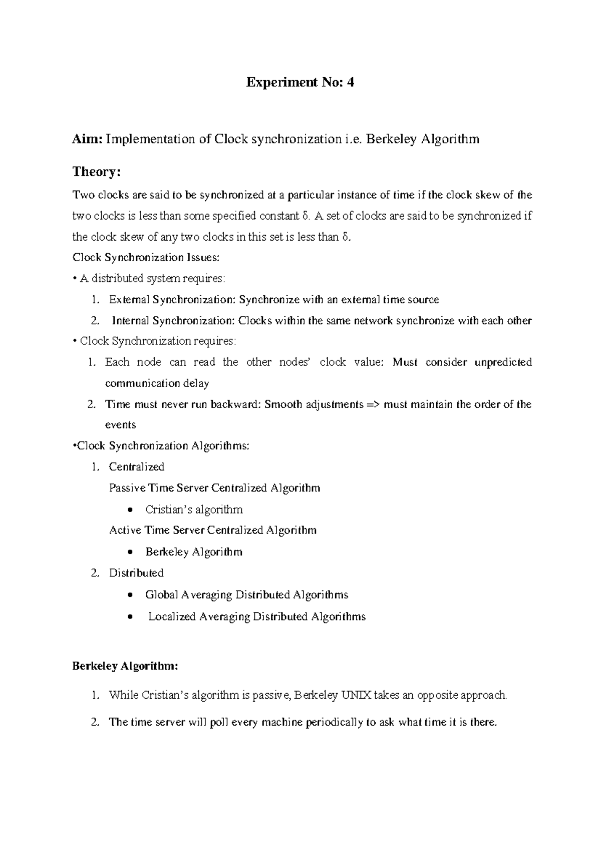 Dc Expt 4 Experiment No 4 Aim Implementation Of Clock Synchronization I Berkeley Algorithm 