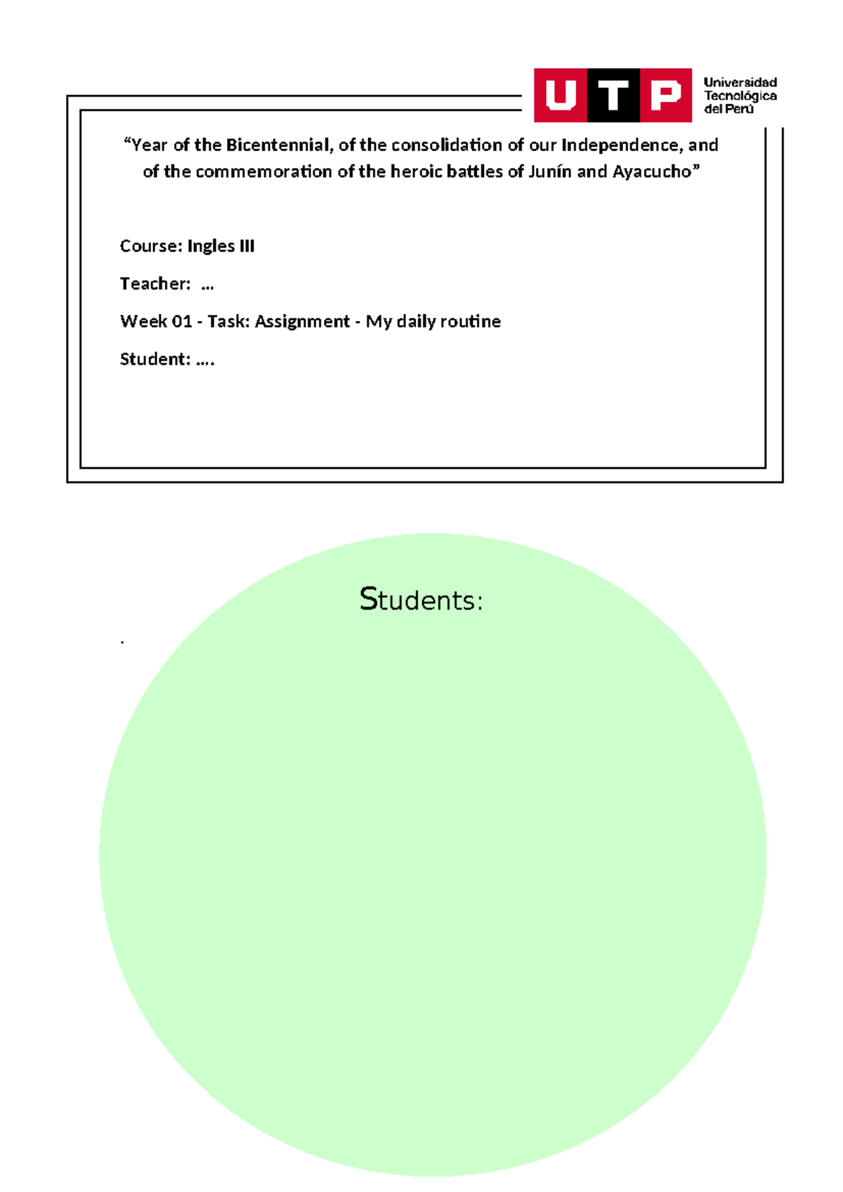 Week 01 Task Assignment My daily routine - Ingles III - “Year of the ...