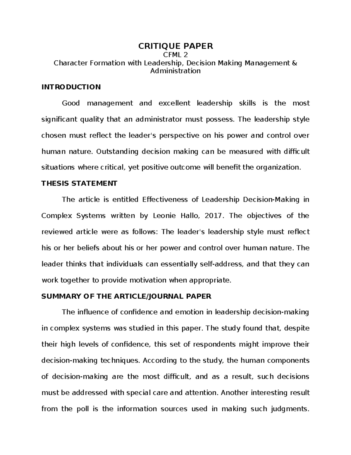 Critique Paper - CRITIQUE PAPER CFML 2 Character Formation with ...