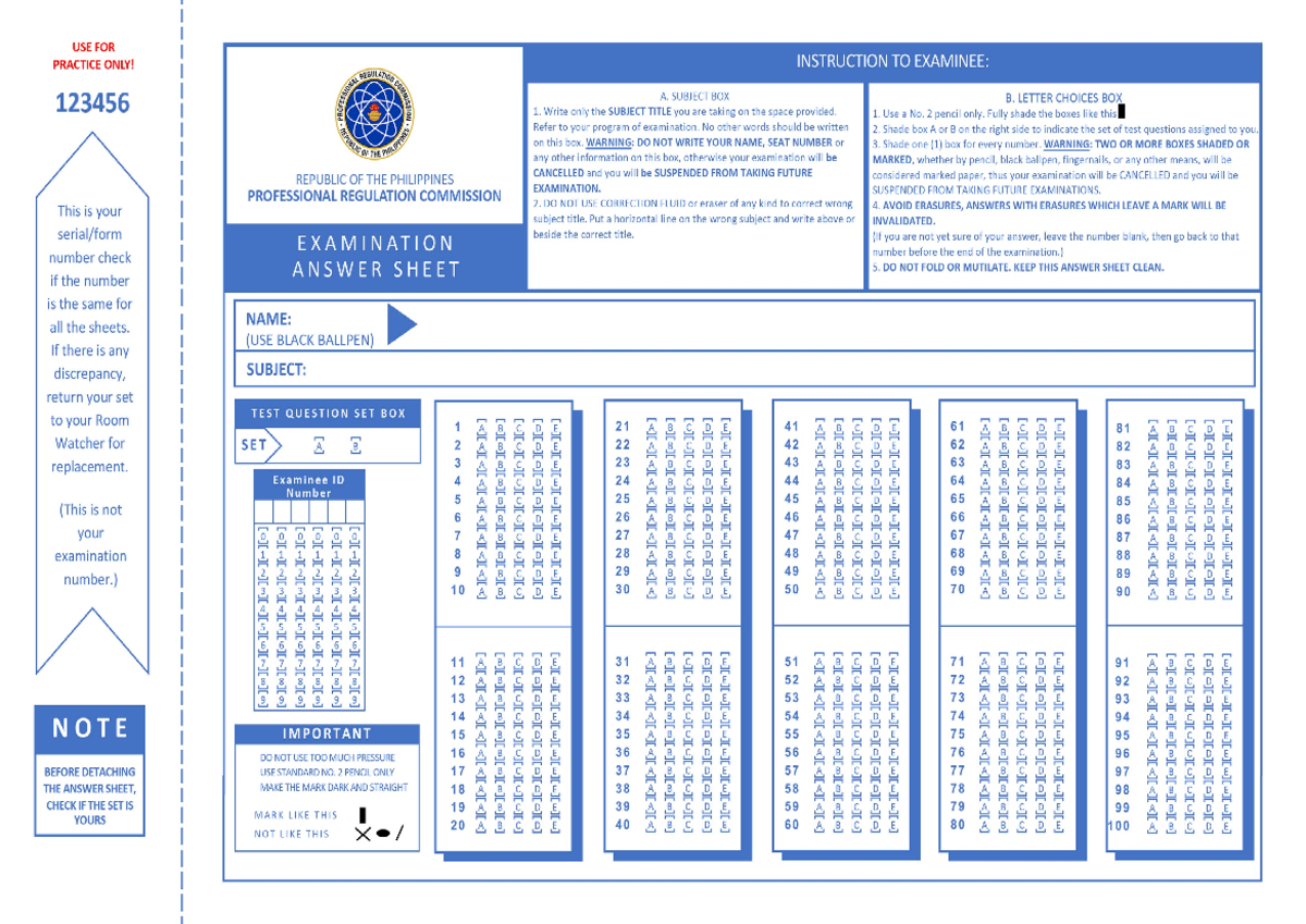 Sample Answer Sheet - USE FOR PRACTICE ONLY! INSTRUCTION TO EXAMINEE ...