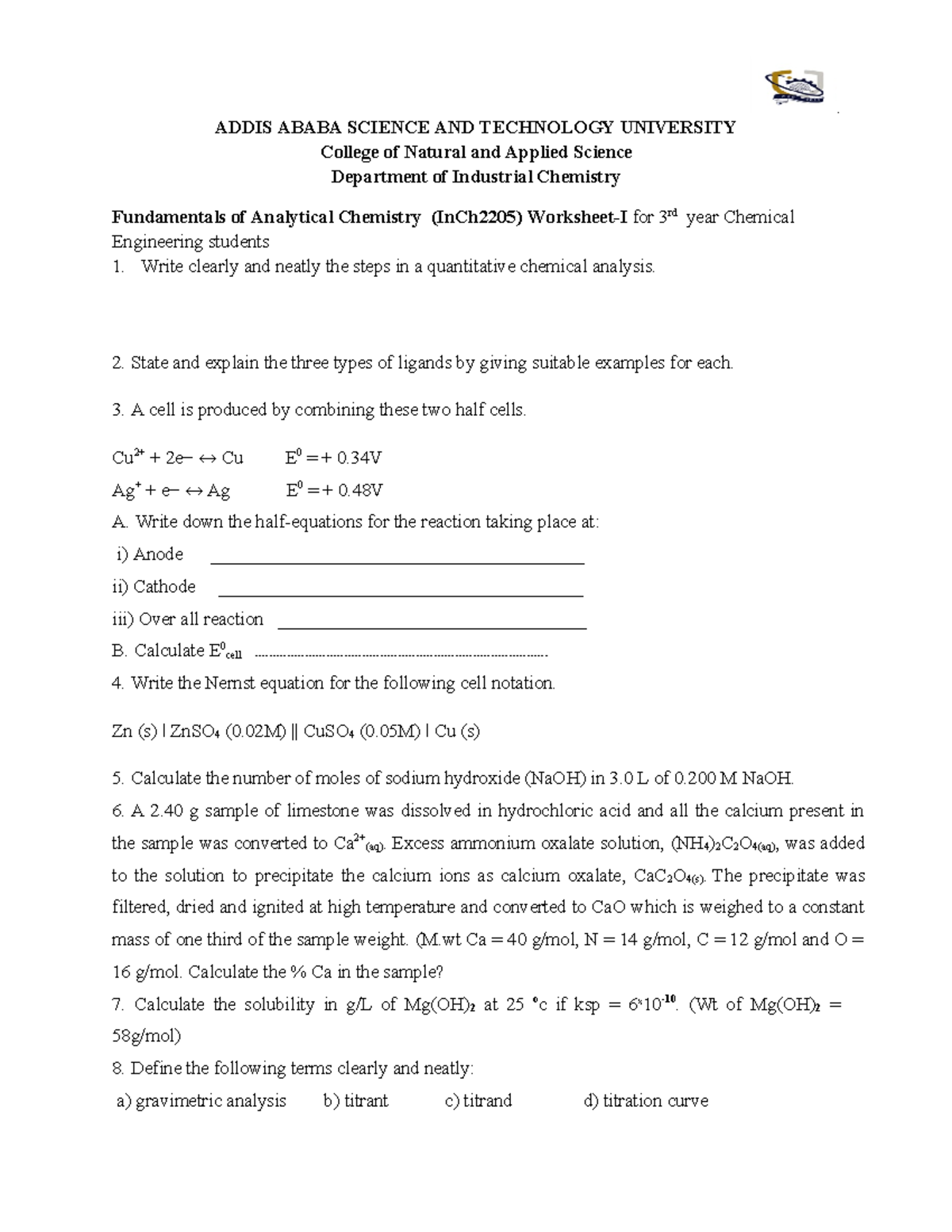 More Work Sheet ,2016 sem I - . ADDIS ABABA SCIENCE AND TECHNOLOGY UNIVERSITY College of Natural ...