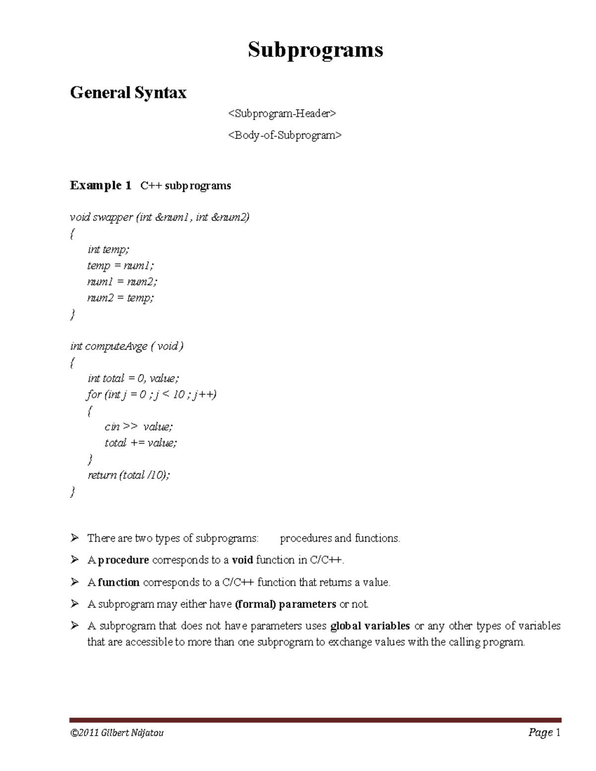 CS382-chapters 9-10 - chapter 9-10 with examples - Subprograms General ...