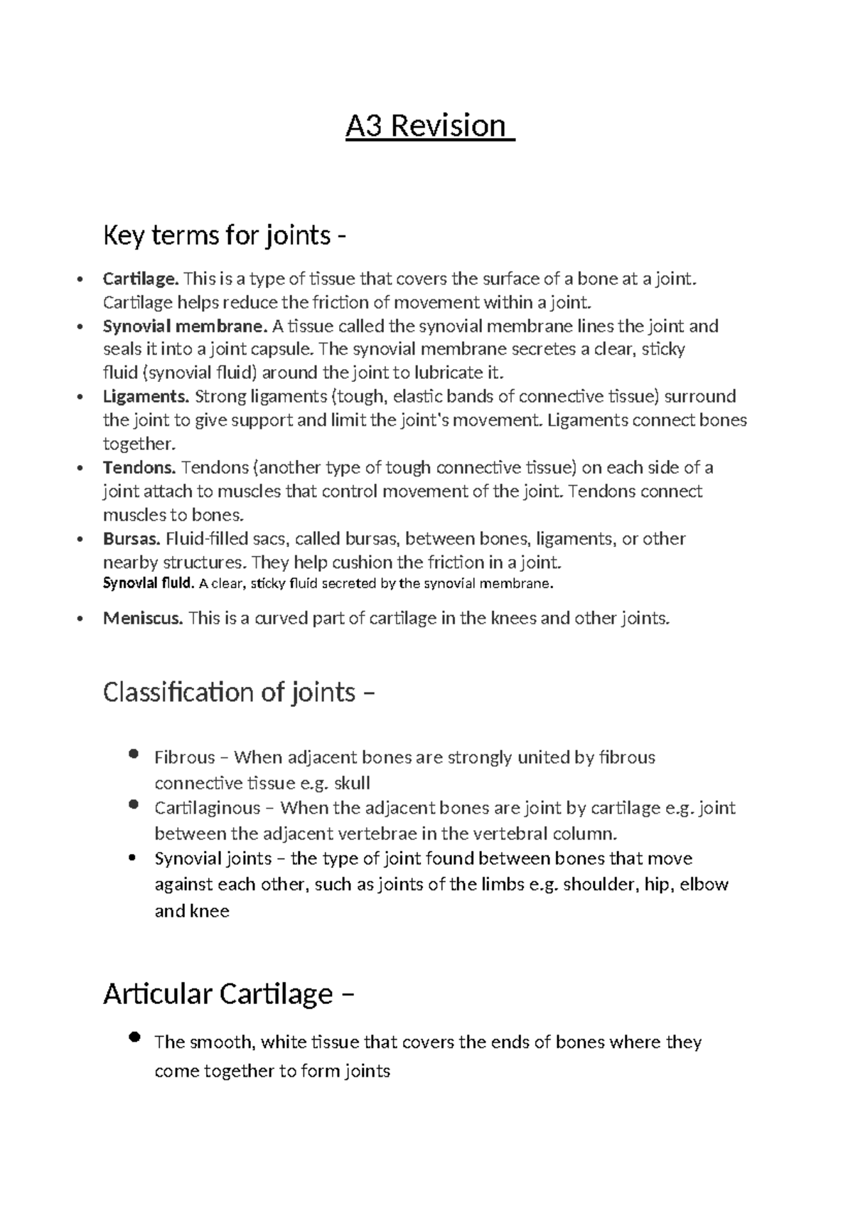 A3 Revision - jjkkkknnnnnn - A3 Revision Key terms for joints ...