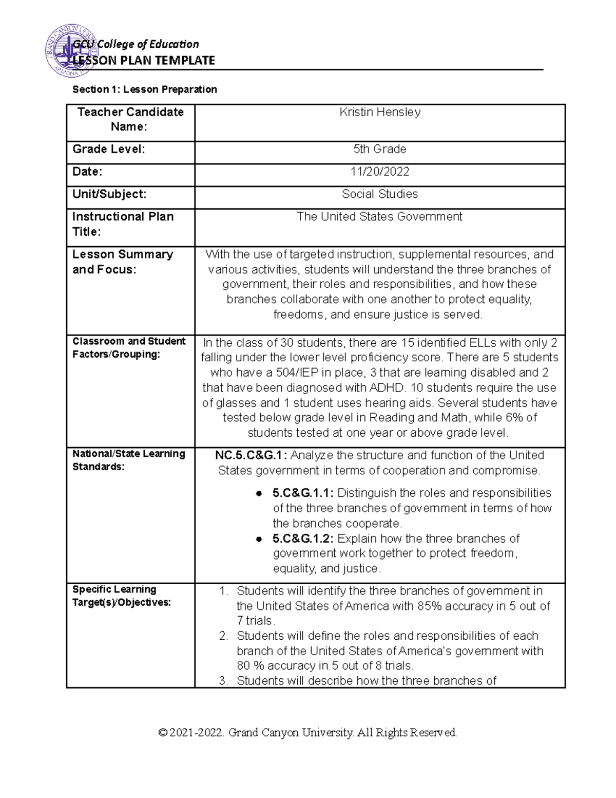 GCU ELM-351 Week 6 - Civics Government Lesson Plan - LESSON PLAN ...