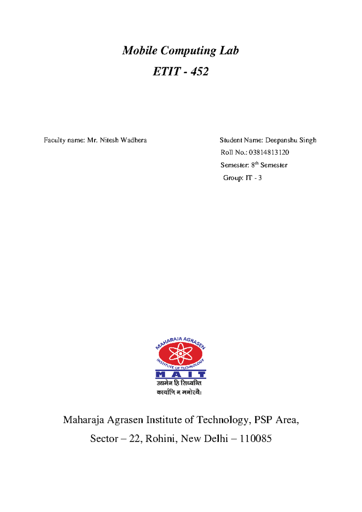 MC Lab file - practical lab manual - Mobile Computing Lab ETIT - 452 ...