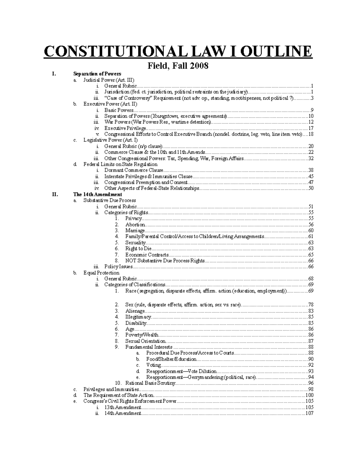 Con Law 14th Field F2008-Outline - CONSTITUTIONAL LAW I OUTLINE I ...