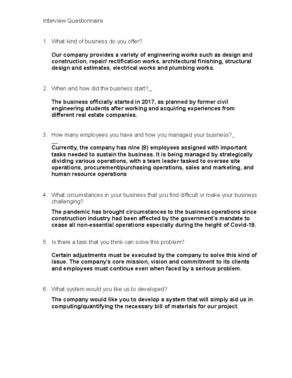 Interview-Questionnaire - Interview Questionnaire What kind of business ...