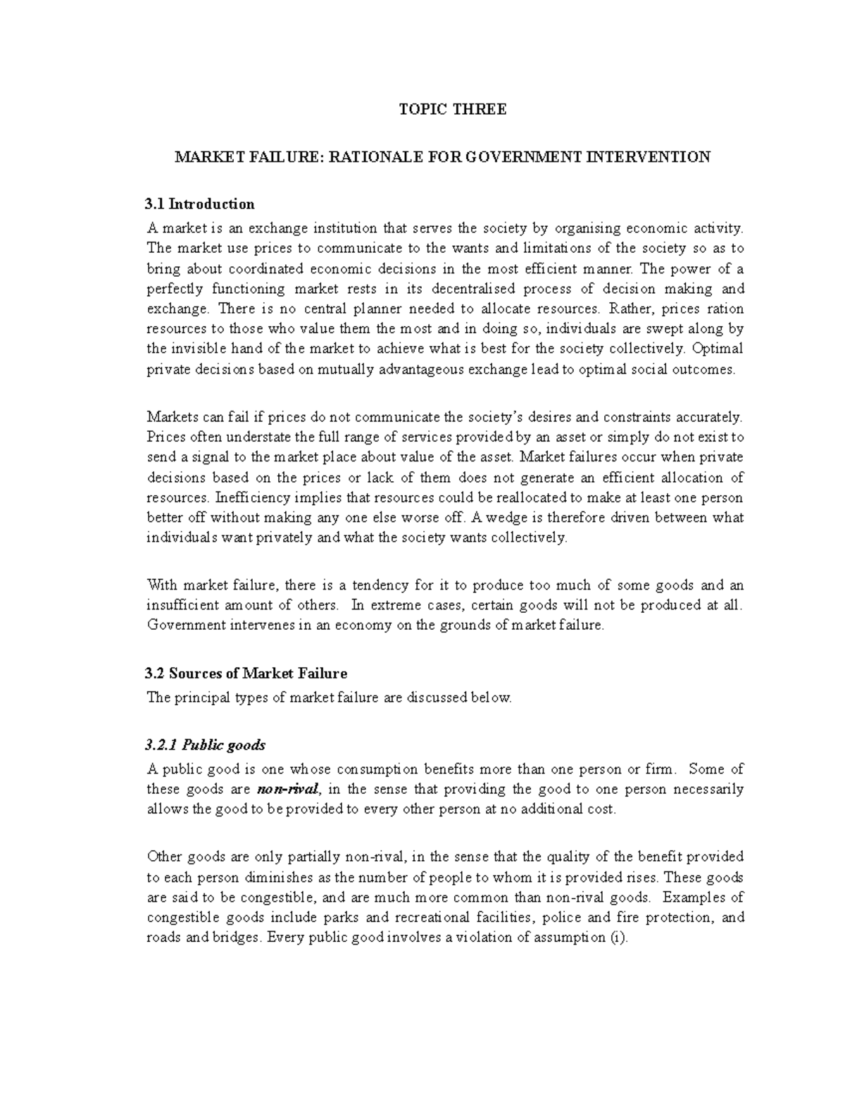 Market Failure - Very nice - TOPIC THREE MARKET FAILURE: RATIONALE FOR ...