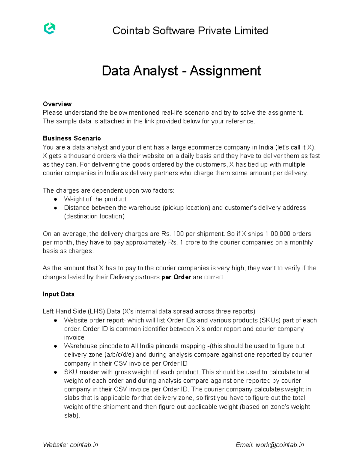 Data Analyst - Assignment - Cointab Software Private Limited Data ...