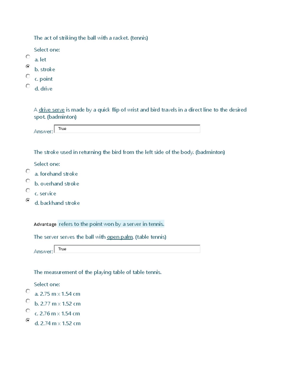 Pdfcoffee - exam - The act of striking the ball with a racket. (tennis ...