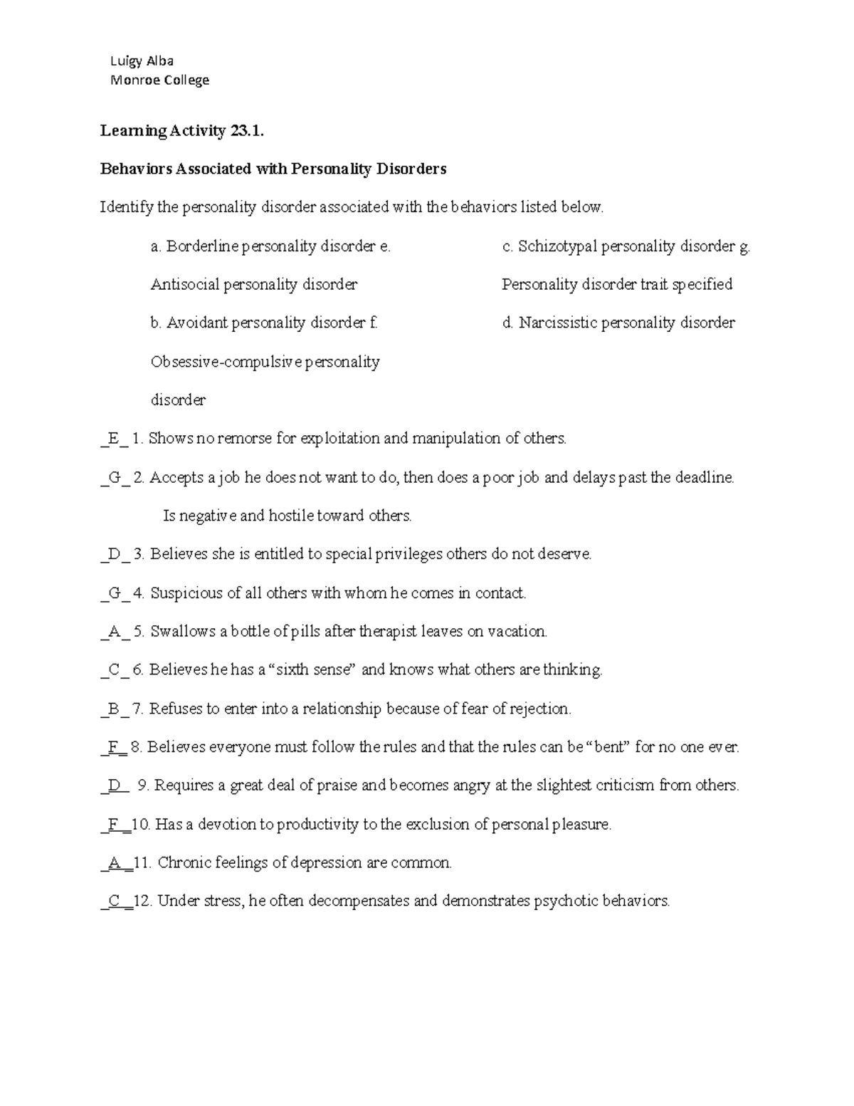 Matching apply. Personality disorders - Luigy Alba Monroe College ...