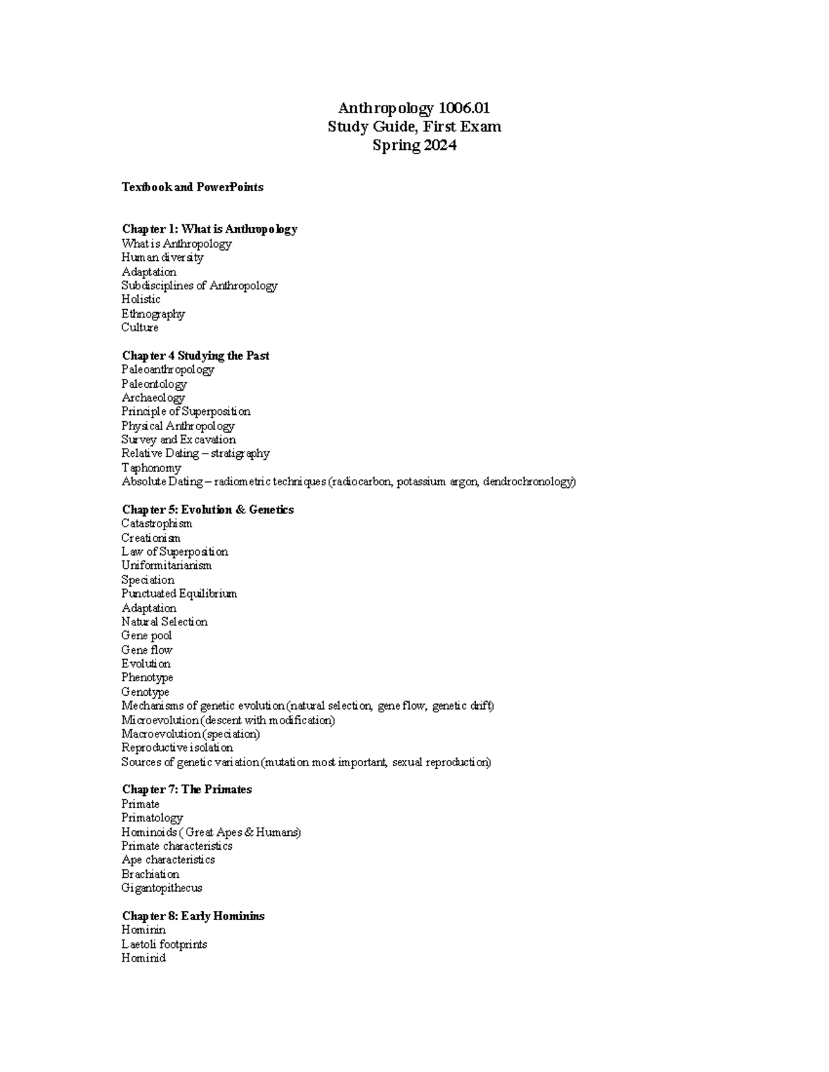 Exam 1 Anth1006 Study Guide - Anthropology 1006. Study Guide, First ...