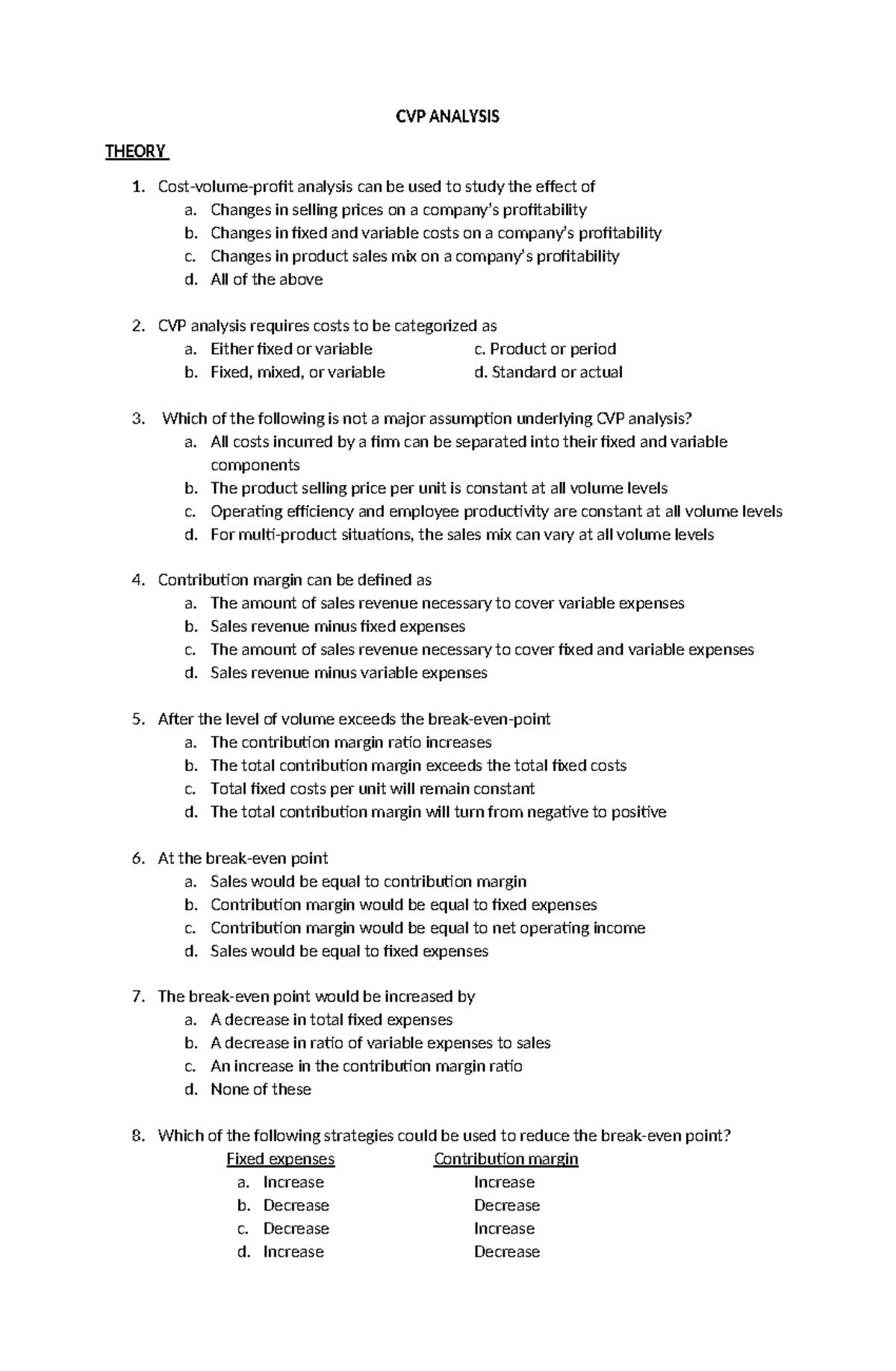 CVP- Analysis - Summary Basic Accounting - CVP ANALYSIS THEORY Cost ...