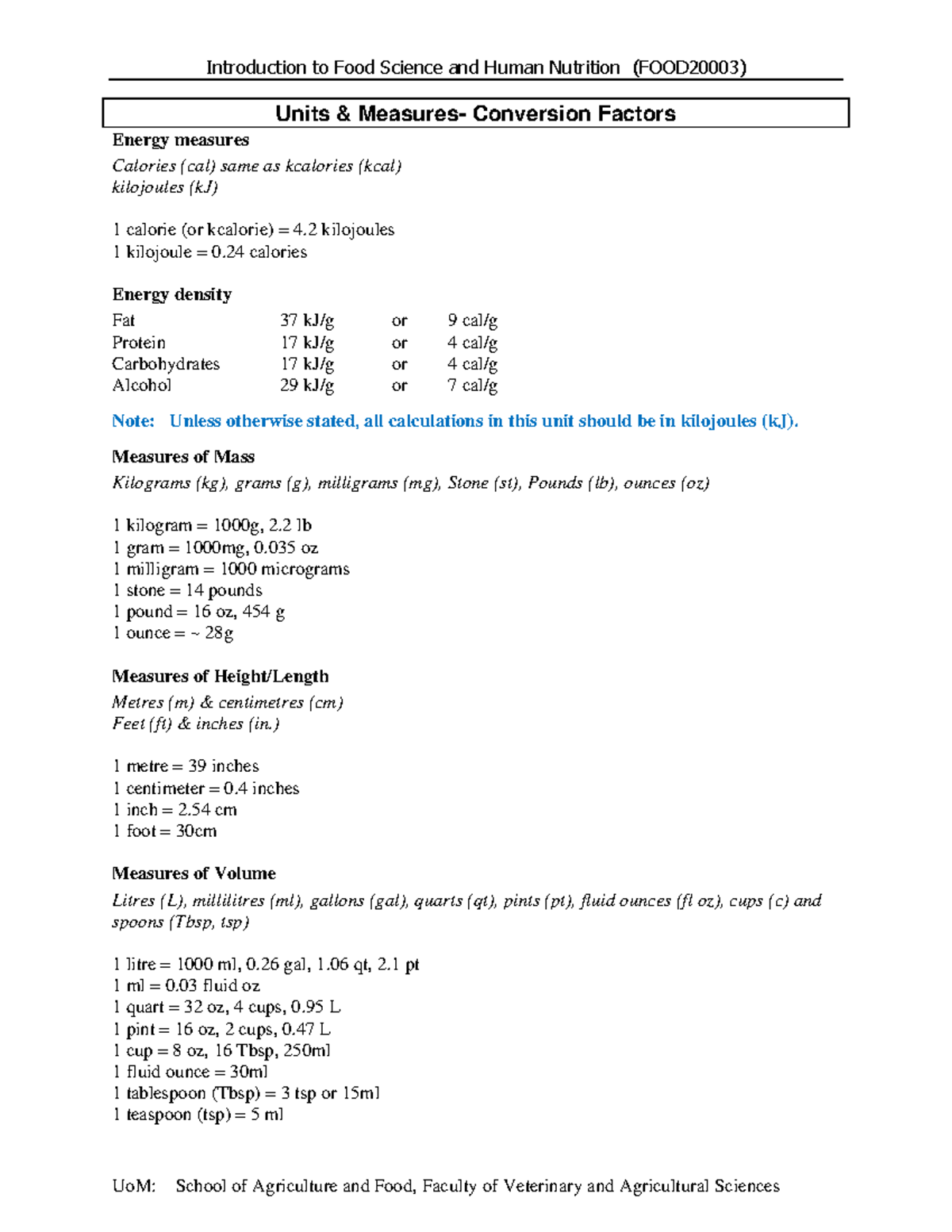 Units and Measures Conversion List - Introduction to Food Science and ...