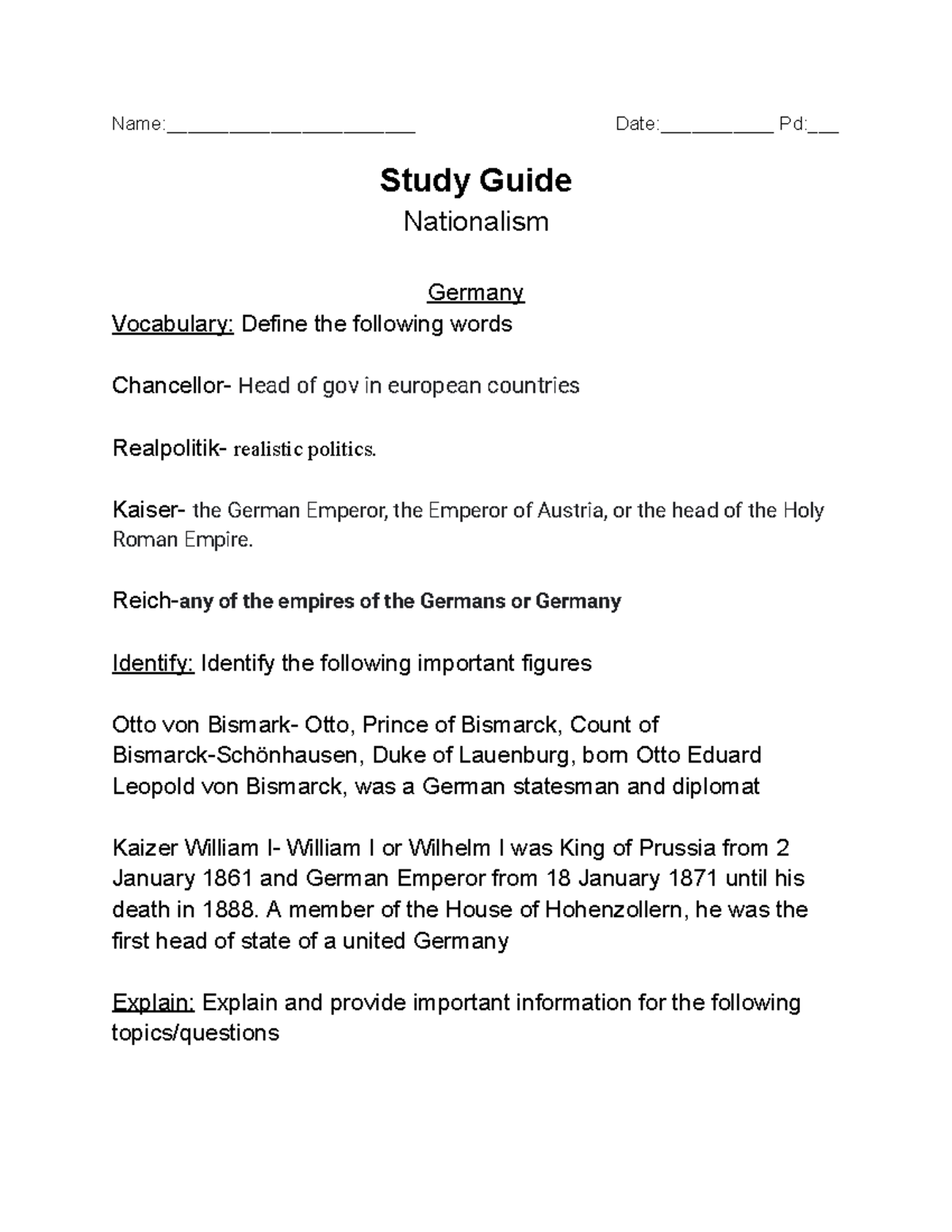 Copy of Nationalism Study Guide - Name:________________________ Date ...