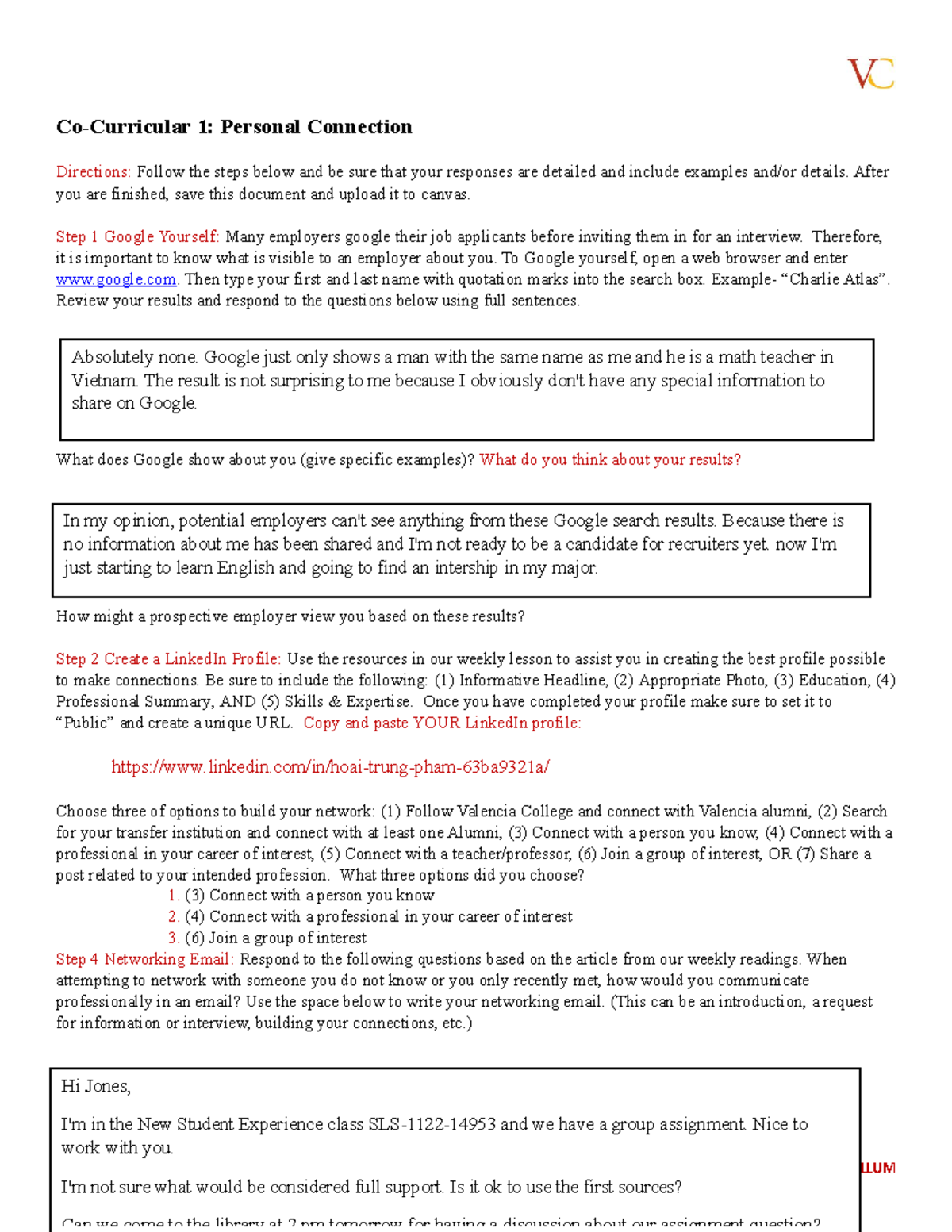 CC1 - Personal Connection Form - Co-Curricular 1: Personal Connection ...