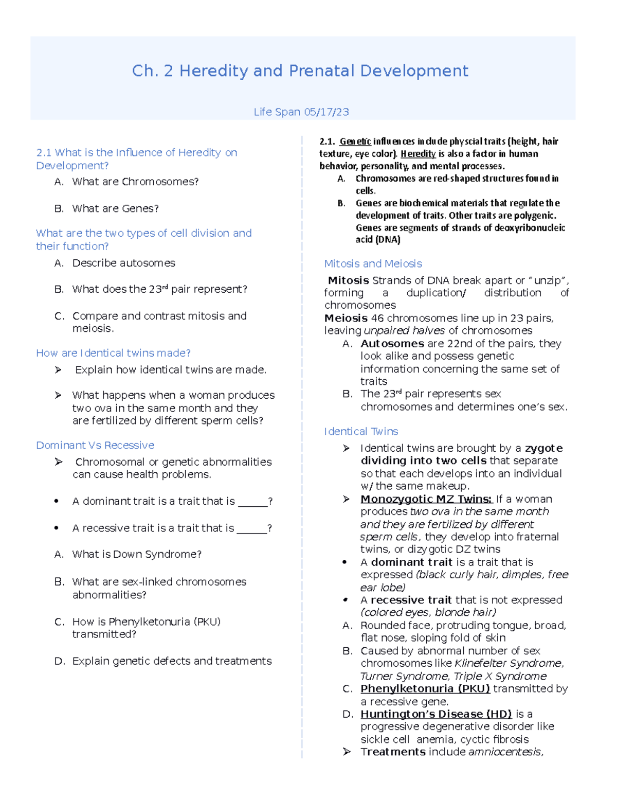 Life Span Ch. 2 Cornell notes - Ch. 2 Heredity and Prenatal Development ...