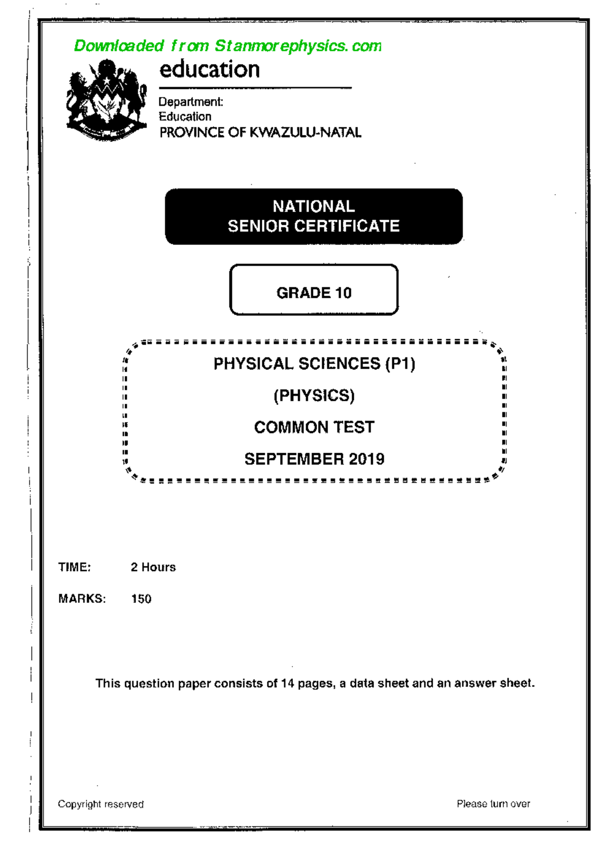PHY sep 2019 P1 grade 10 QP and Memo - Downloaded from Stanmorephysics ...