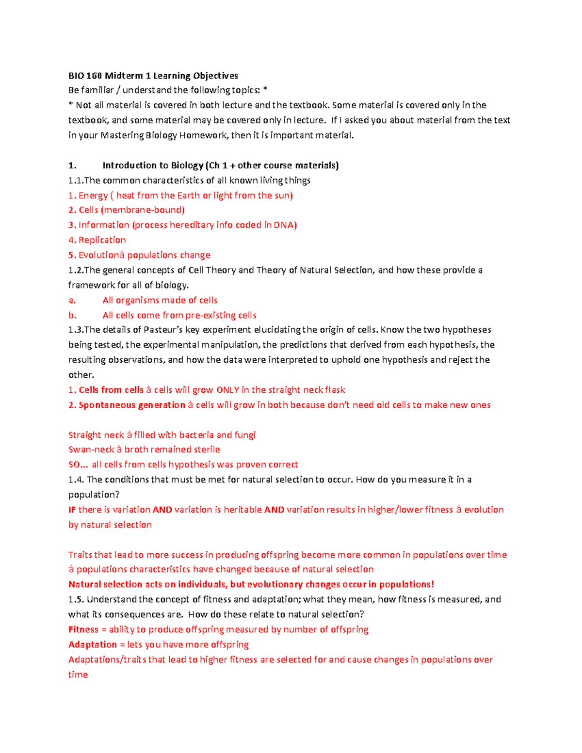 BIO 160 Midterm 1 Learning Objectives - BIO 160 Midterm 1 Learning Objectives Be familiar ...