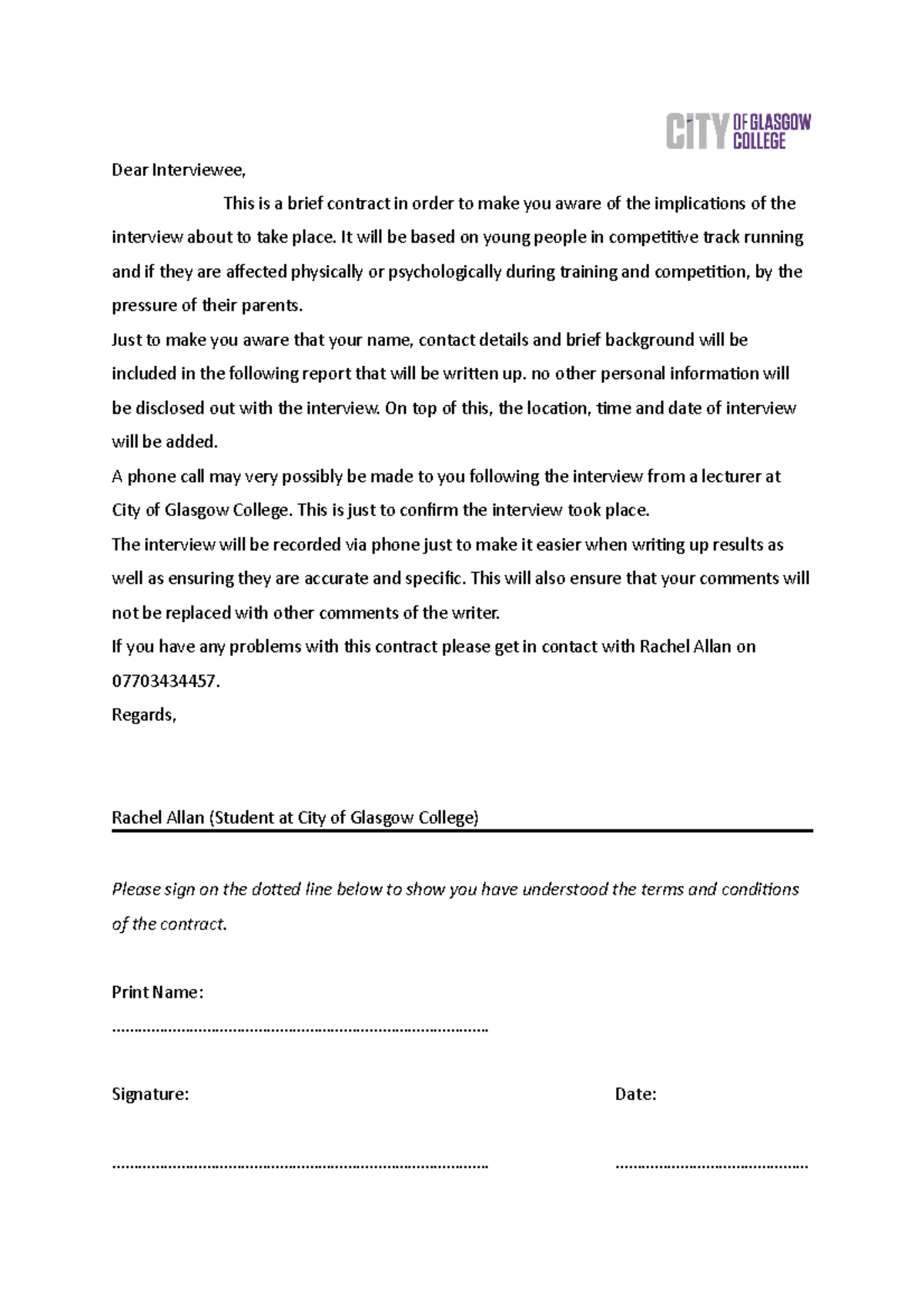 Contract for Interviewees - Dear Interviewee, This is a brief contract ...