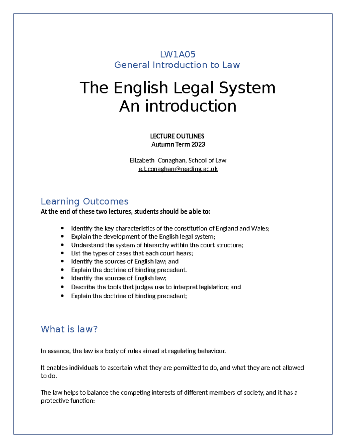 Lecture Outline ELS LW1A05 - LW1A General Introduction to Law The ...
