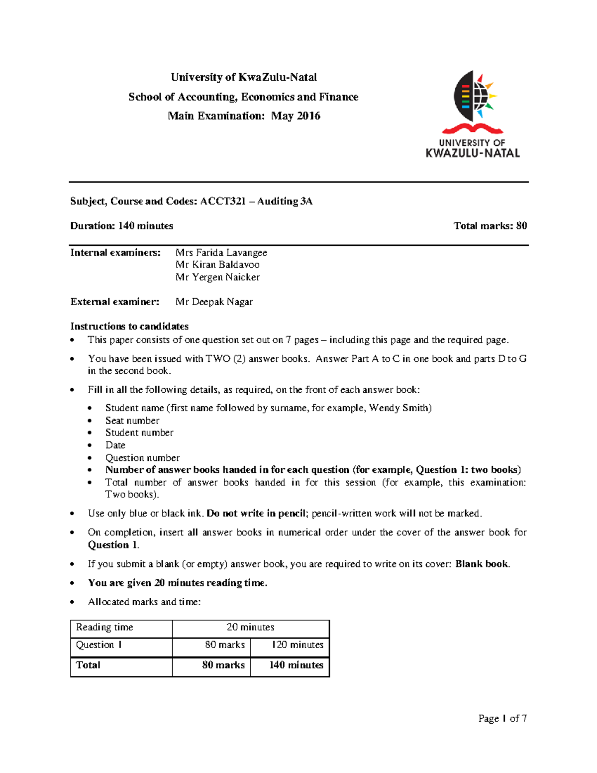 Auditing 3A main exam Question (2016 ) - University of KwaZulu-Natal ...