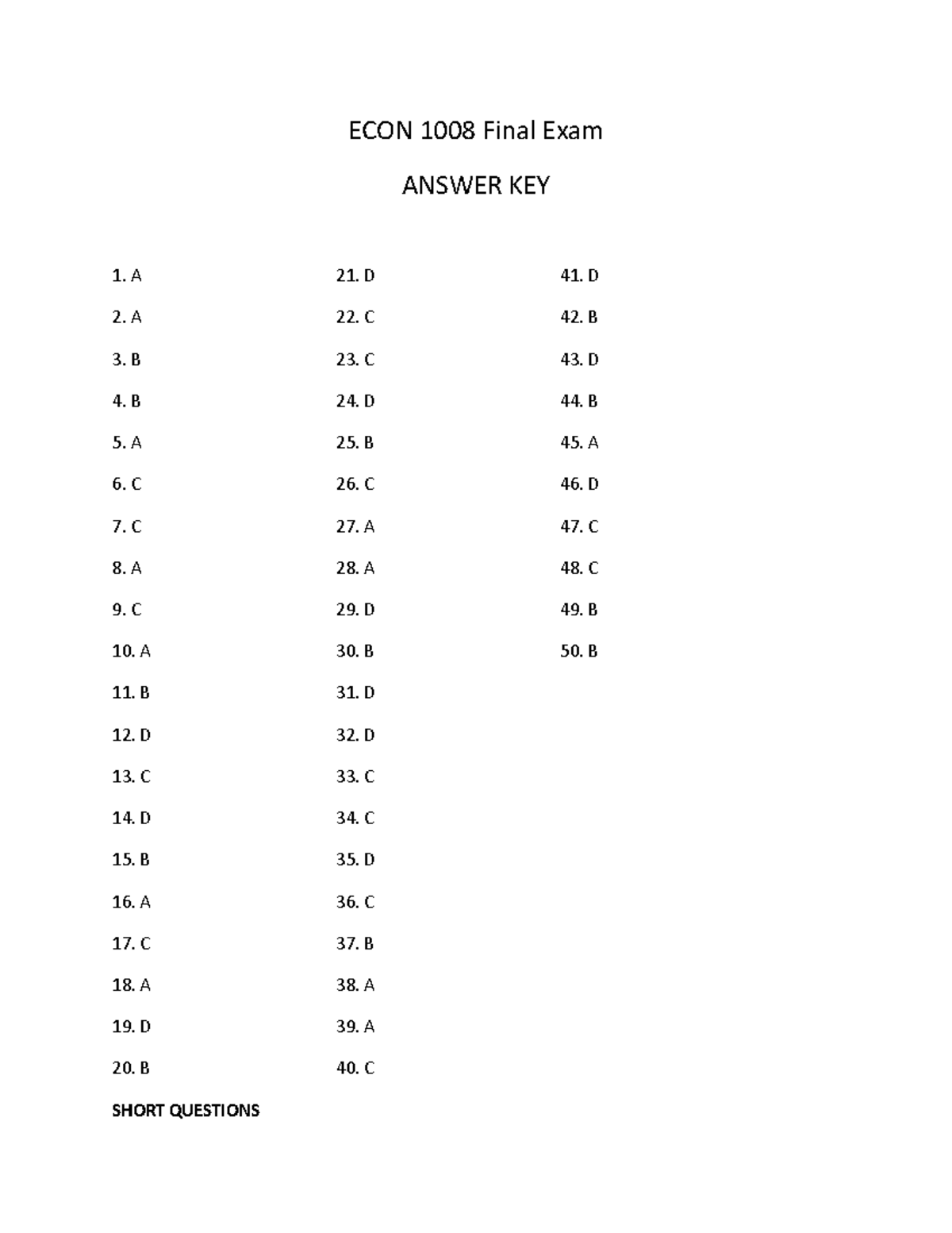 Practice Final Exam Key (statistics) - ECON 1008 Final Exam ANSWER KEY ...