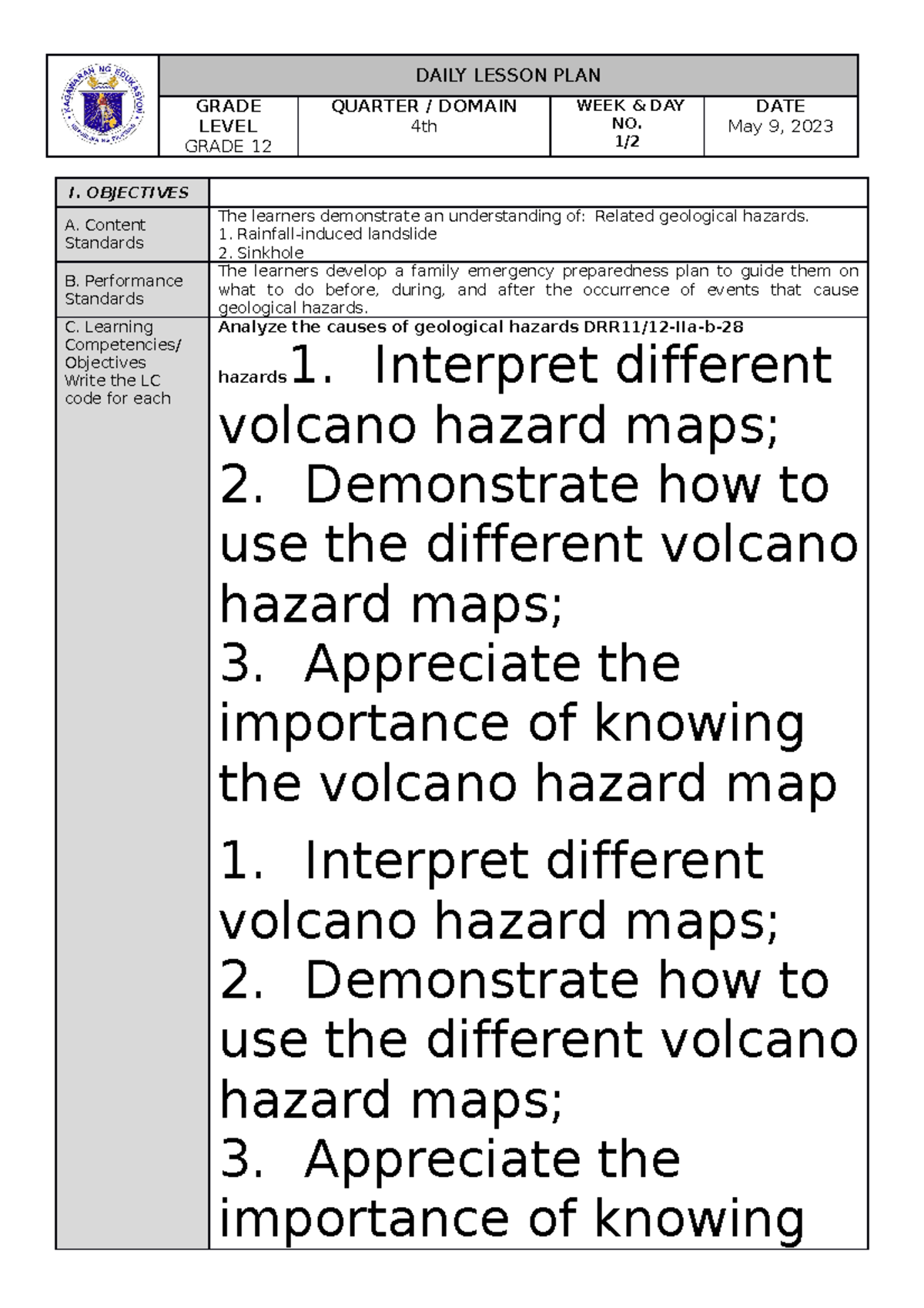 DLP-CO 2 DRRR final 2 - Leson plan used for Class observation - GRADE ...
