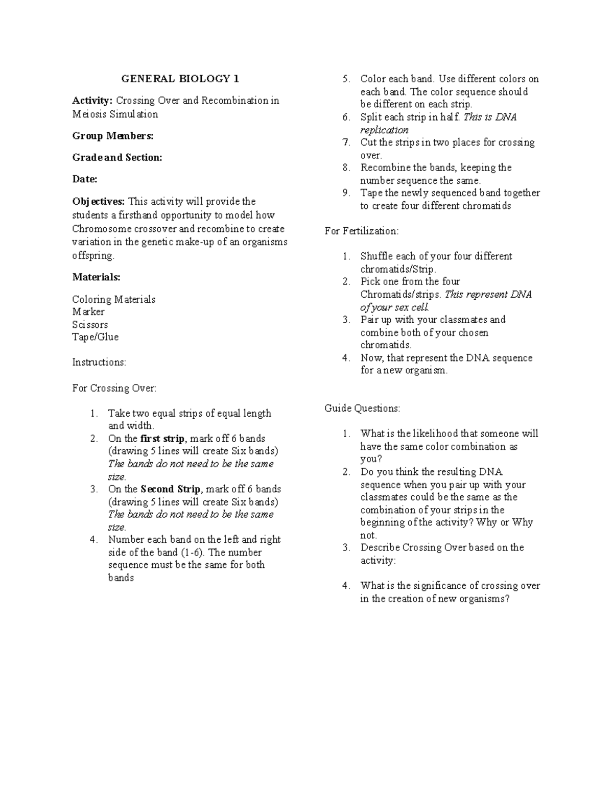 Activity in Crossing Over and Recombination - GENERAL BIOLOGY 1 ...