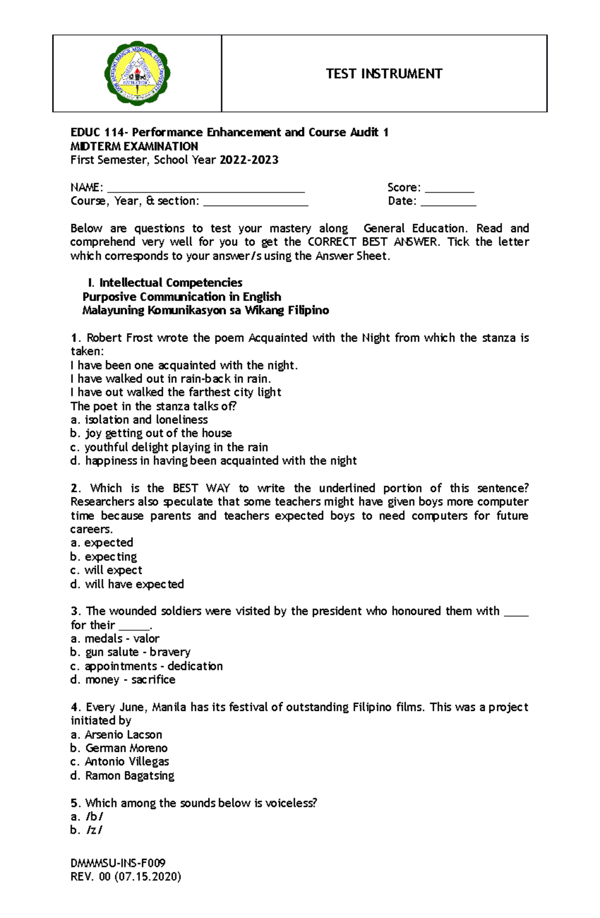 Educ 114 PECA 1 Test Instrument - EDUC 114- Performance Enhancement and ...