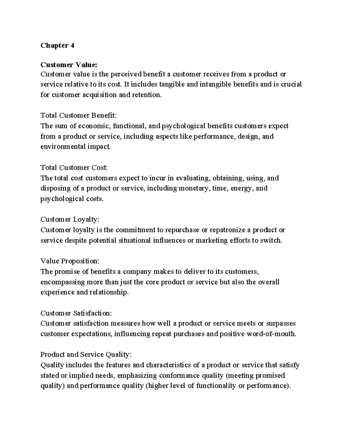 Chapter 4 & 6 Overview - Summary Marketing Strategy - Chapter 4 Customer Value: Customer value ...