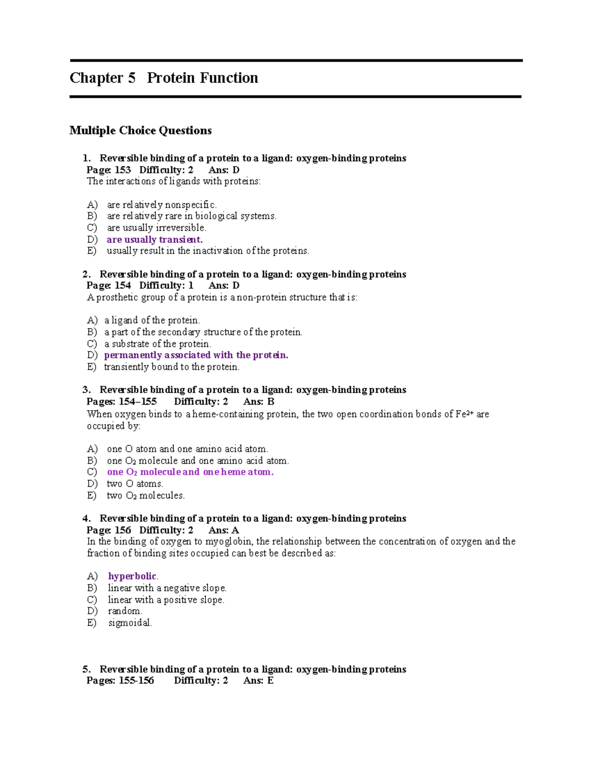 Chapter 5 2 - Practice questions - Chapter 5 Protein Function Multiple Choice Questions ...