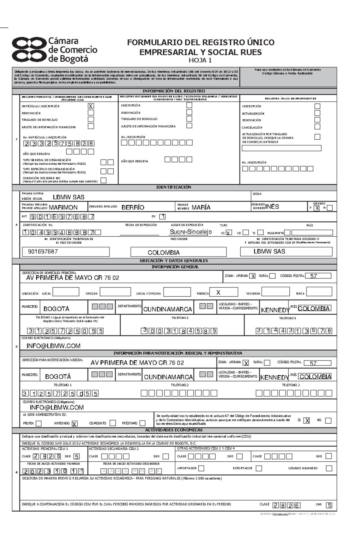 Formulario RUES (1) - h7t8 - FORMULARIO DEL REGISTRO ÚNICO EMPRESARIAL Y SOCIAL RUES HOJA 1 ...