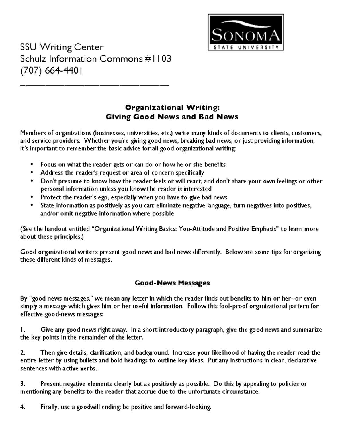 Organizational Writing Giving Good News and Bad News - SSU Writing ...